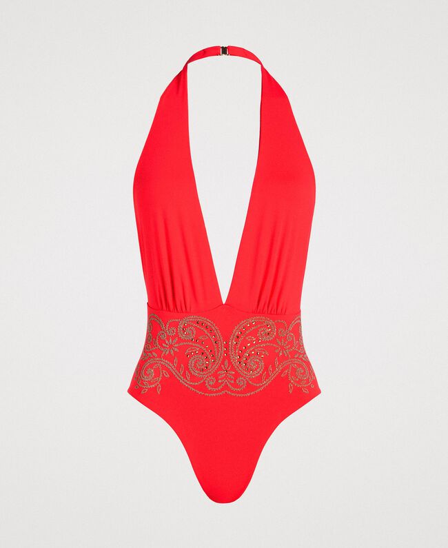 Badeanzug mit tiefem Ausschnitt und Strass Frau, Rot | TWINSET Milano