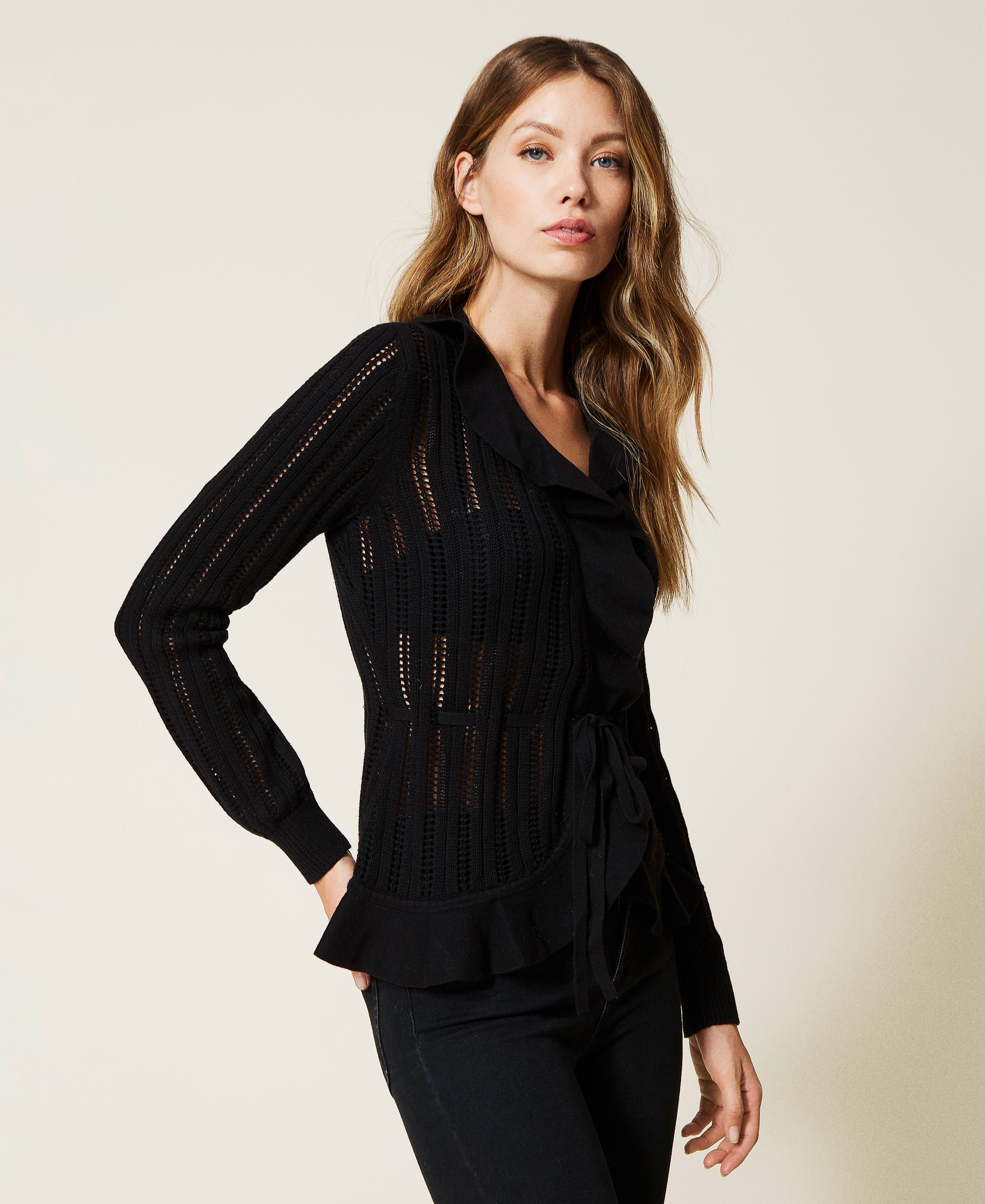 Openwork cardigan with ruffles Woman, Black | TWINSET Milano