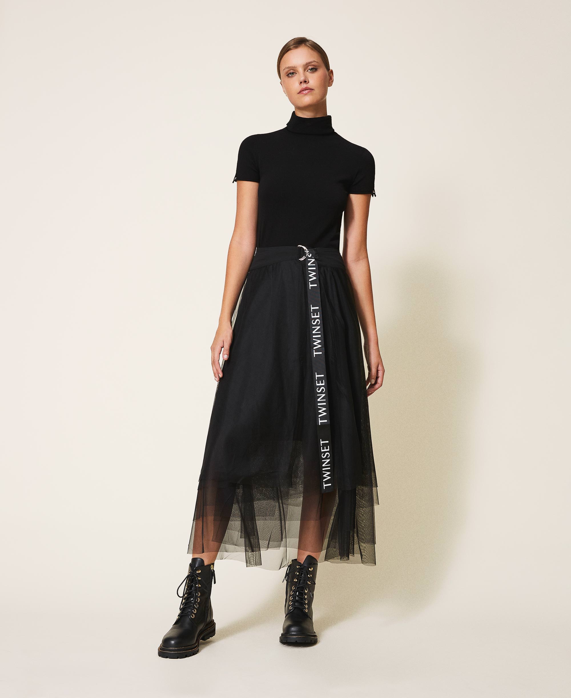 Jupe longue en tulle avec logo Femme, Noir | TWINSET Milano