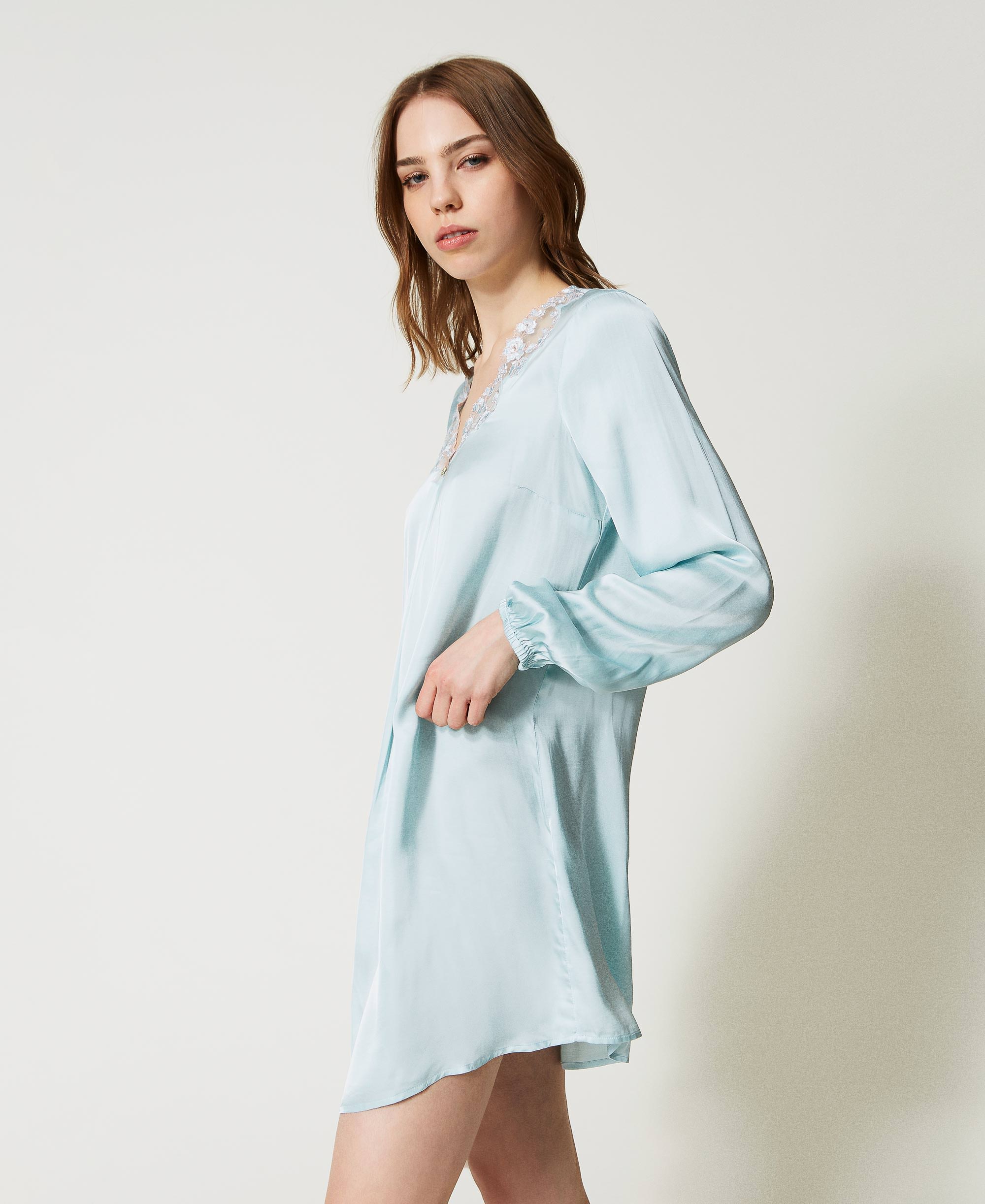 Satin and lace night gown Woman, Light blue | TWINSET Milano