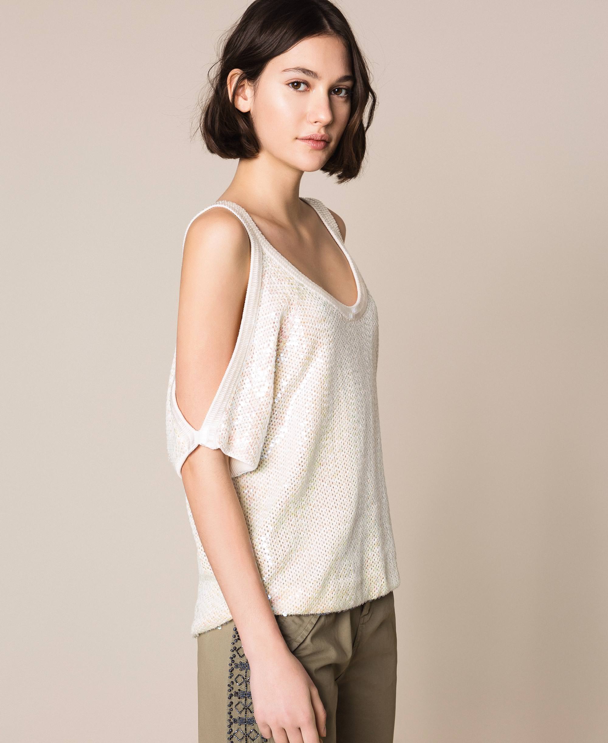 Mesh stitch jumper with sequins Woman, White | TWINSET Milano