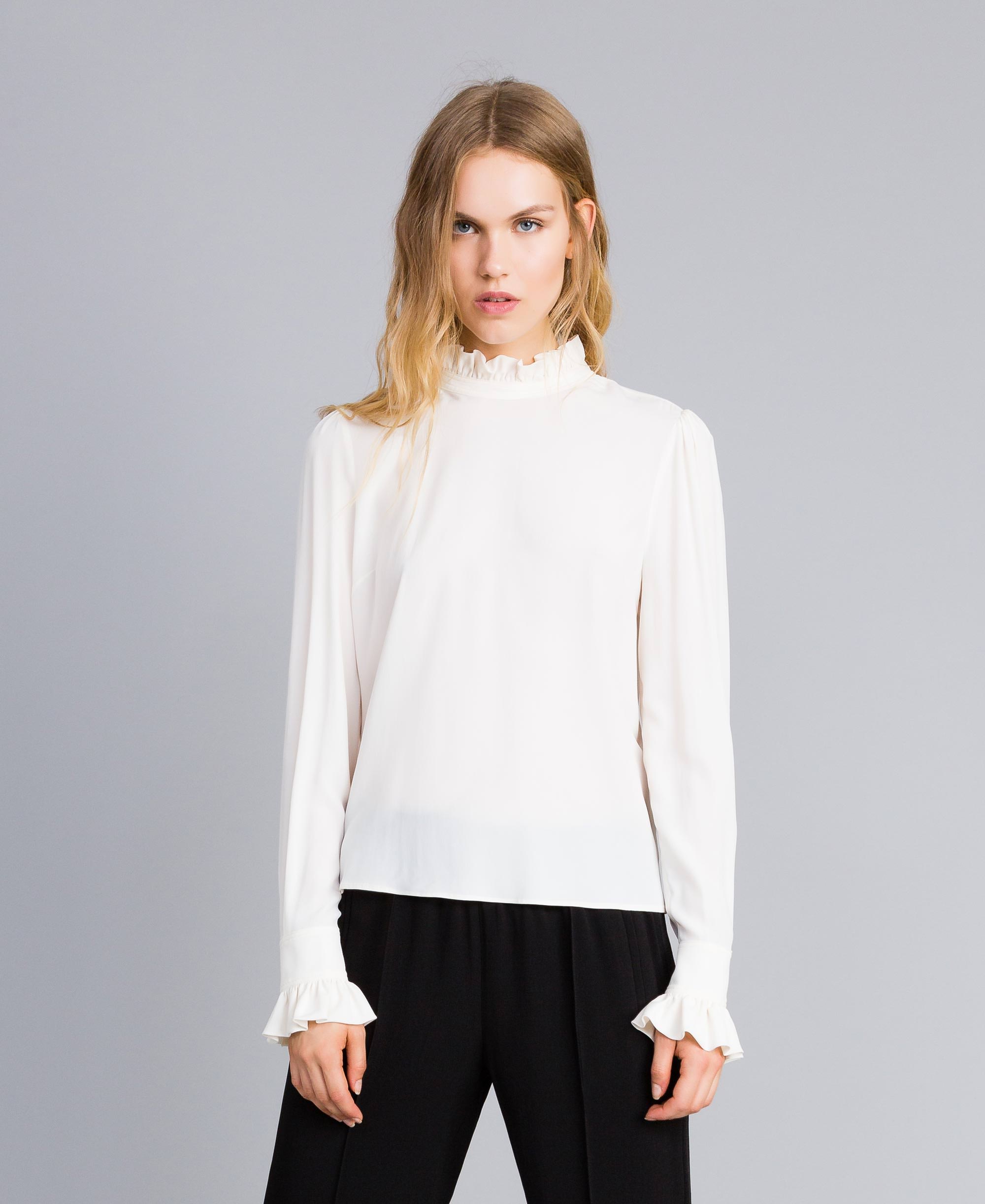Blusa de seda mixta con volantes Mujer, Negro | TWINSET Milano