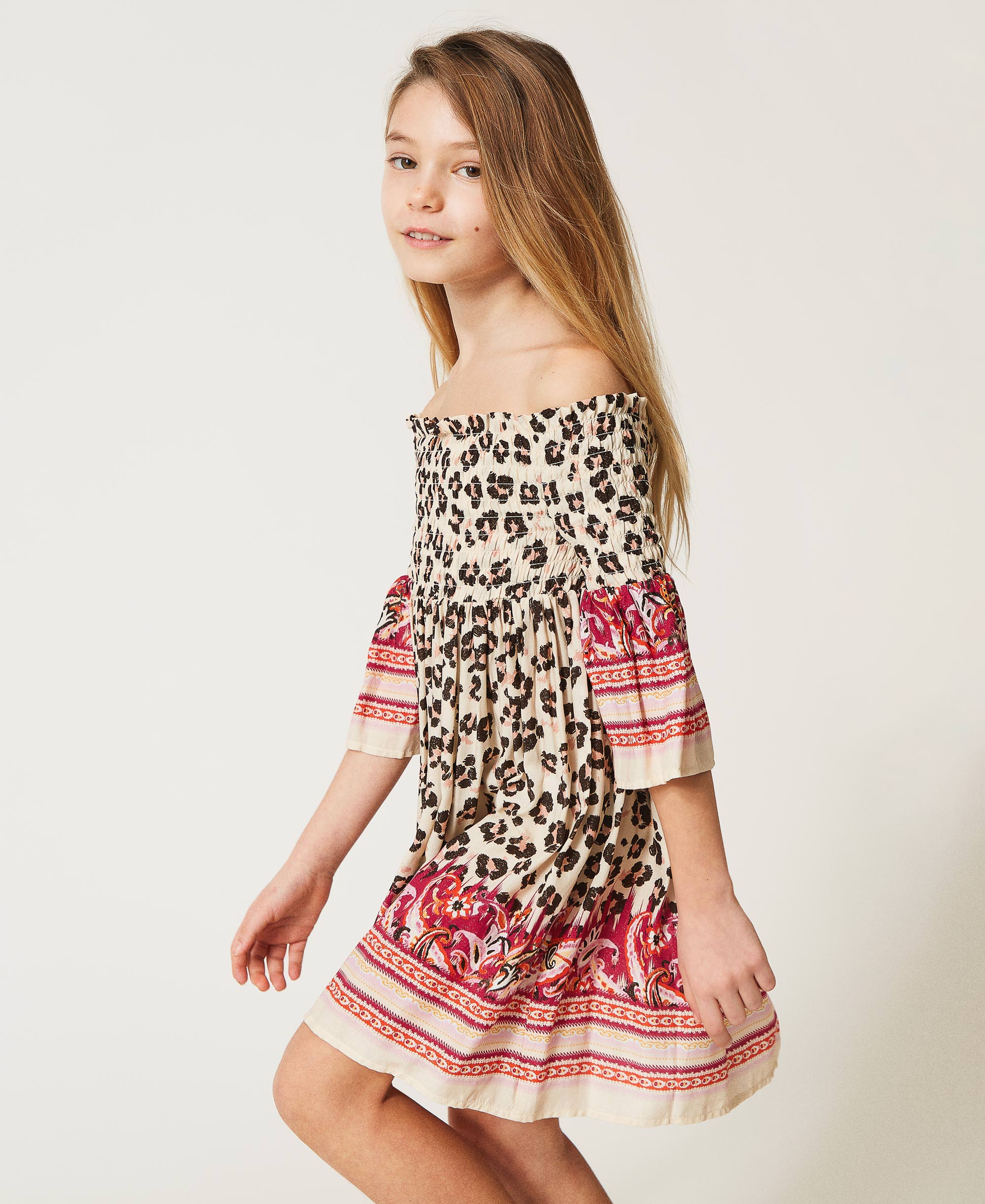 Off-shoulder animal print dress Child, Pink | TWINSET Milano