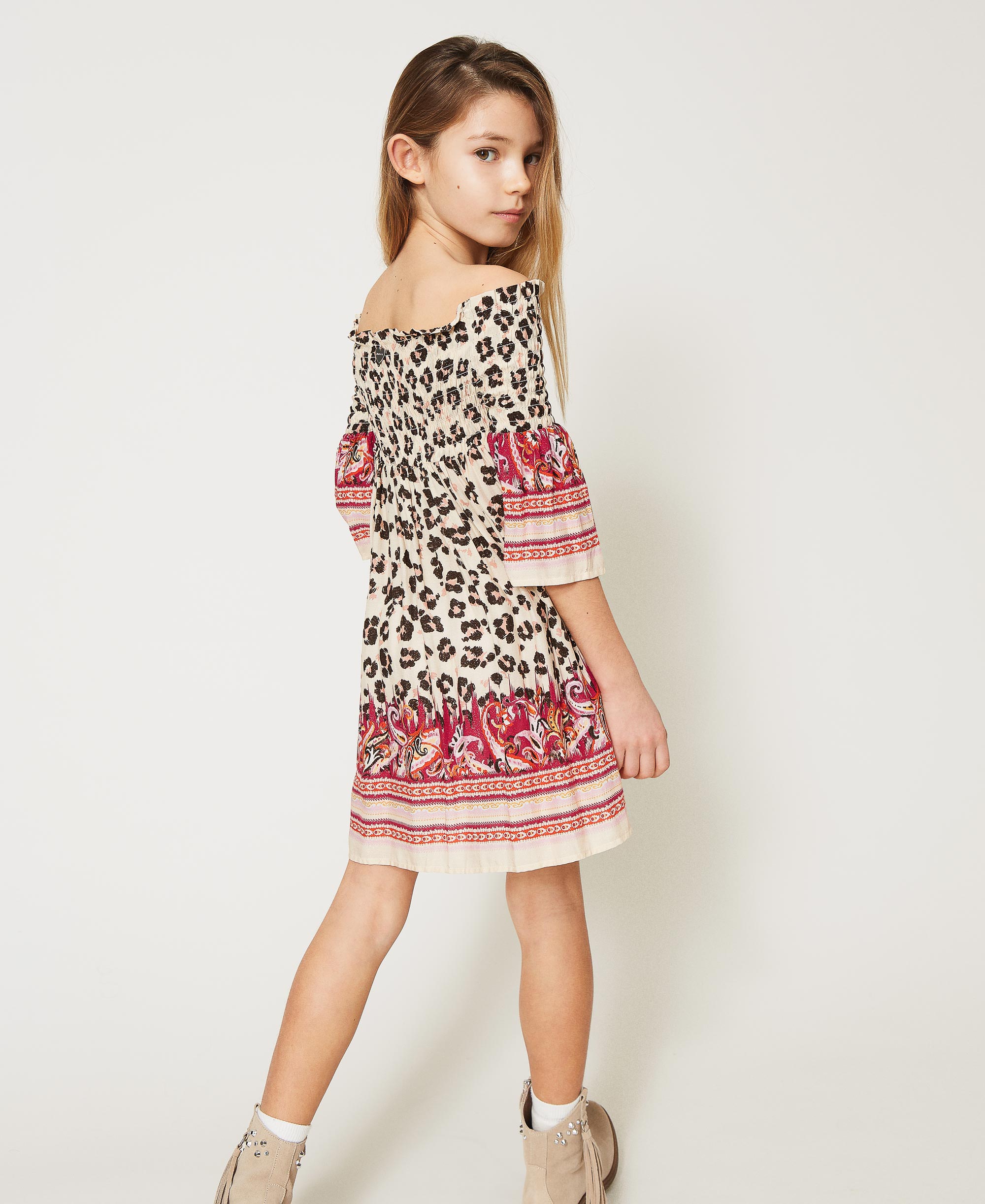 Off-shoulder animal print dress Child, Pink | TWINSET Milano