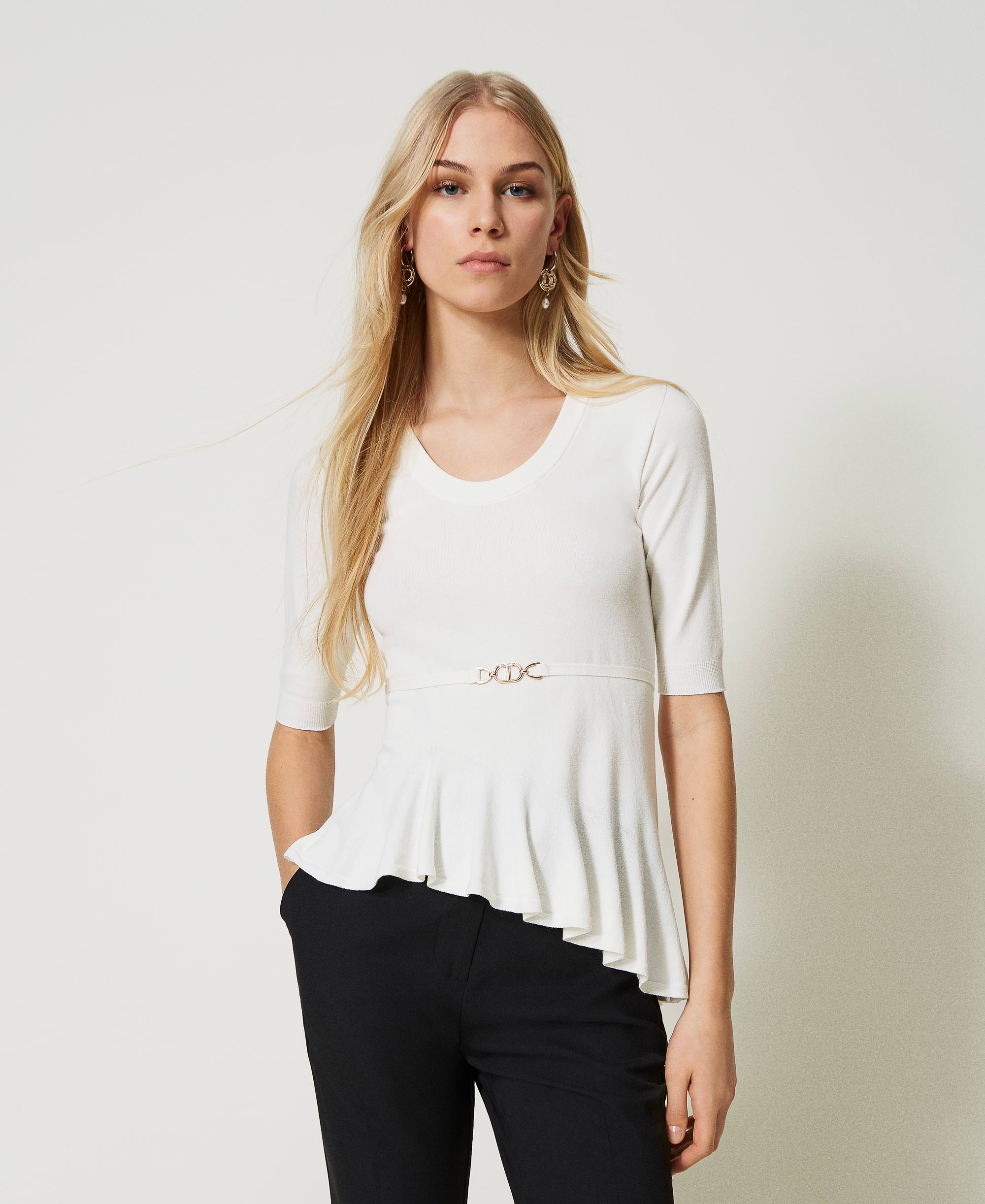 Seamless jumper with Oval T belt Woman, White | TWINSET Milano