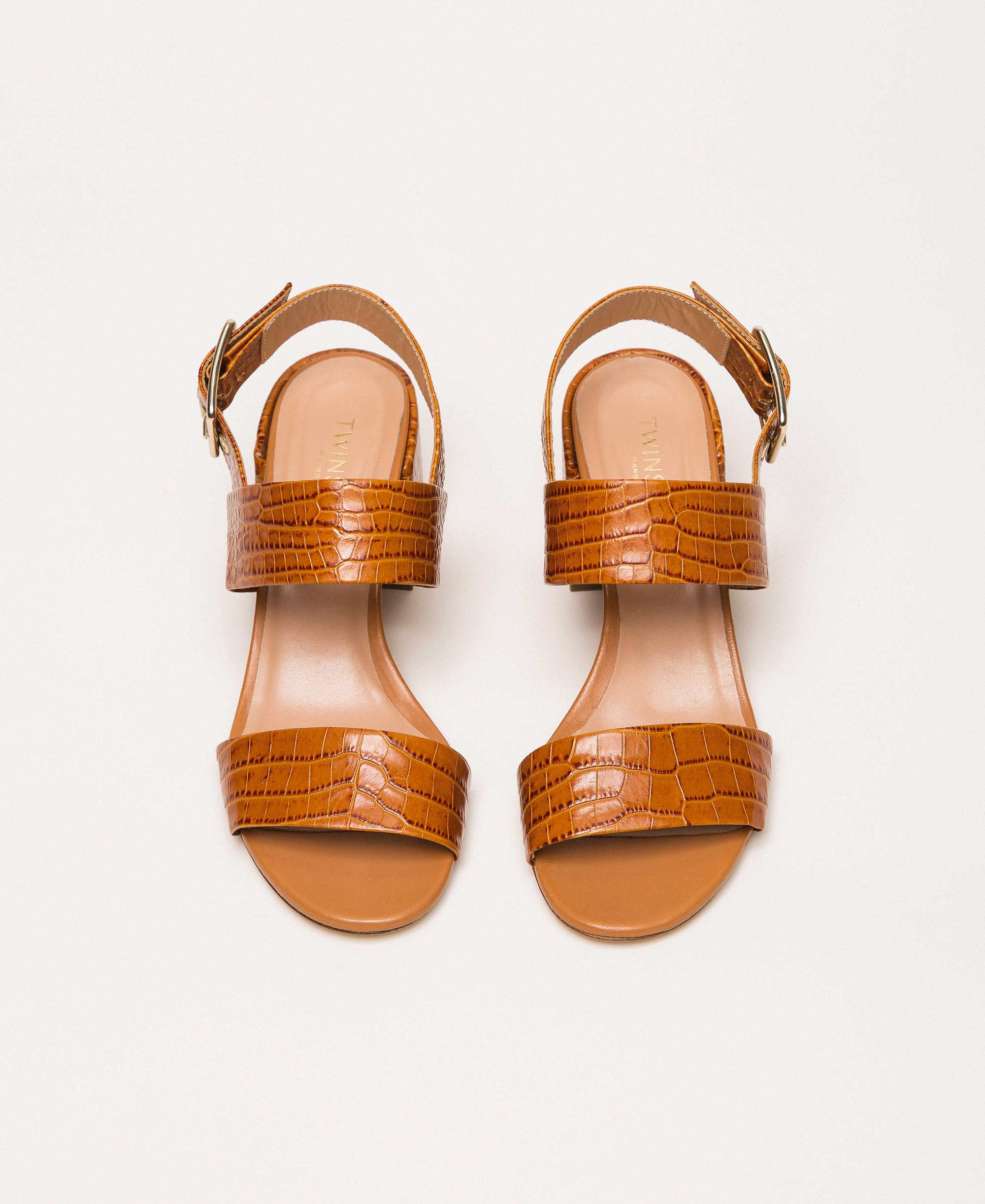 Leather sandals with croc print Woman, Brown | TWINSET Milano