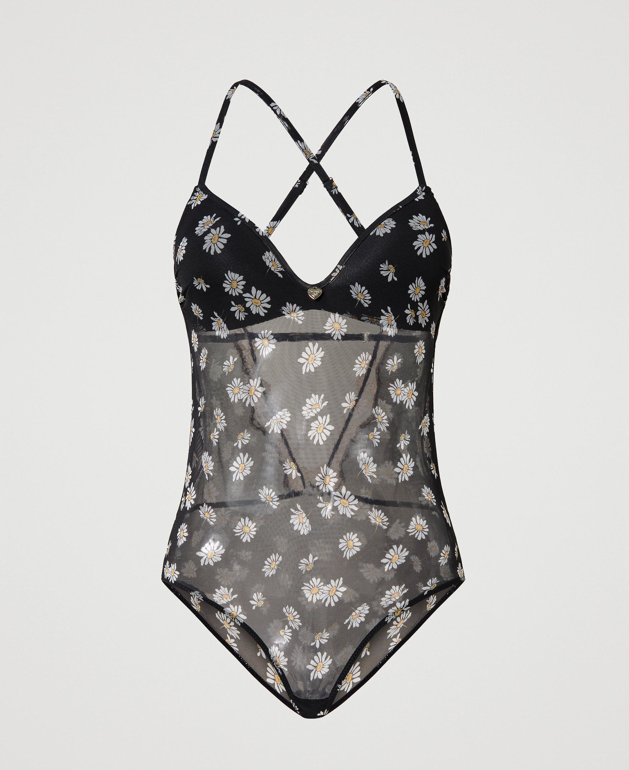Tulle bodysuit with daisy print Woman, Black | TWINSET Milano
