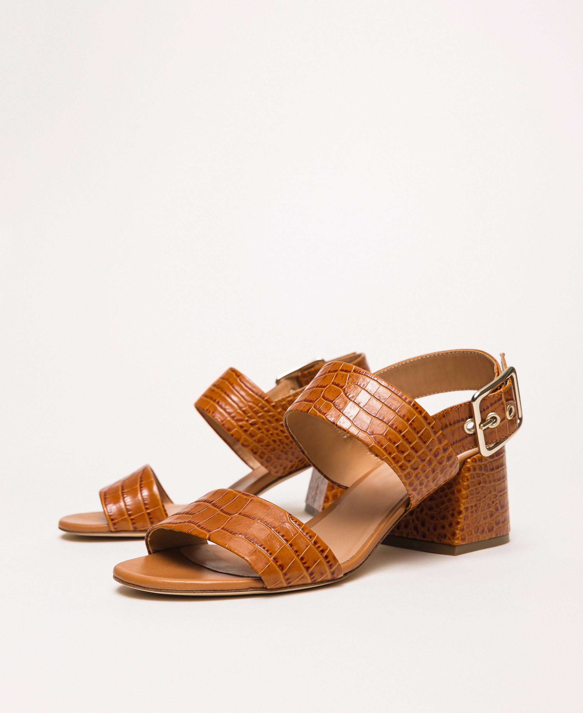 Leather sandals with croc print Woman, Brown | TWINSET Milano