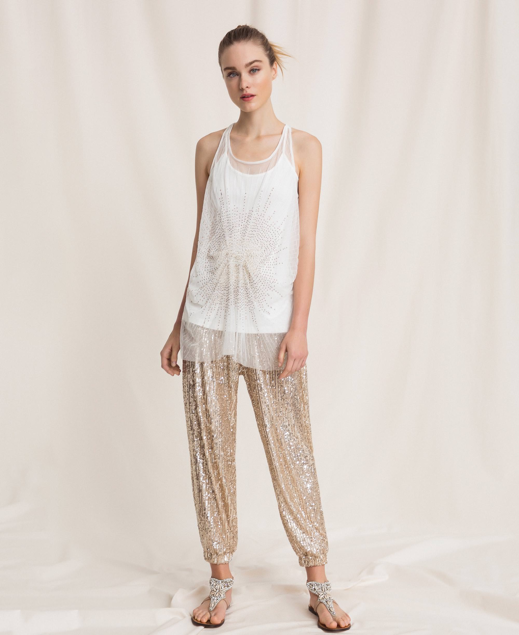 Top largo de tul con lentejuelas Mujer, Blanco | TWINSET Milano