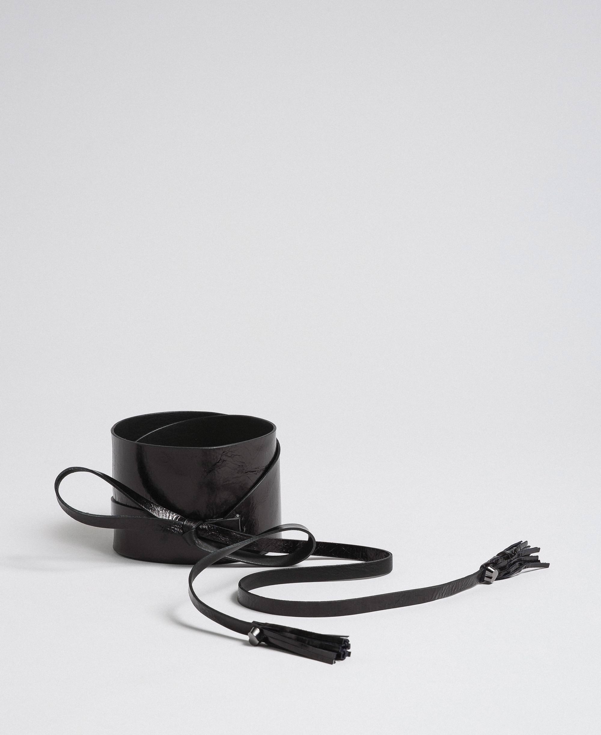 Wide leather belt with strings and tassels Woman, Black | TWINSET Milano
