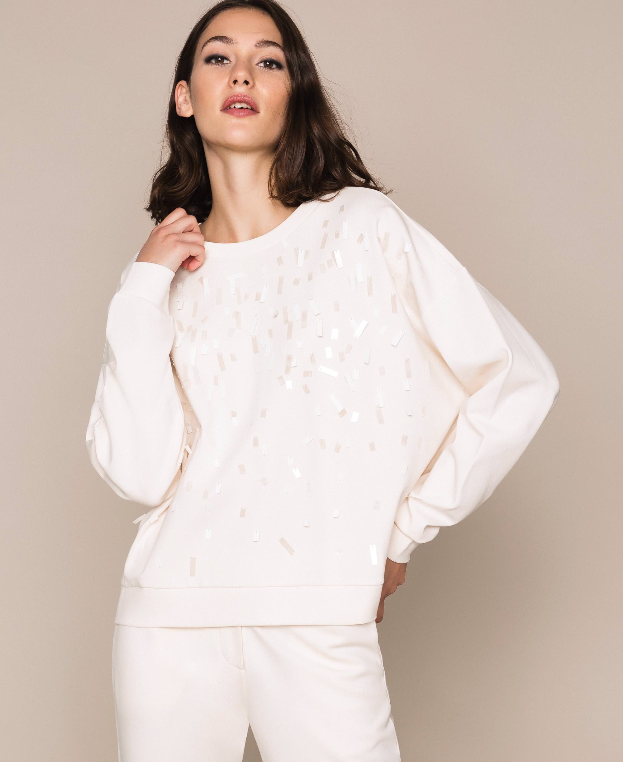 Sweat entièrement brodé de sequins Femme, Blanc | TWINSET Milano
