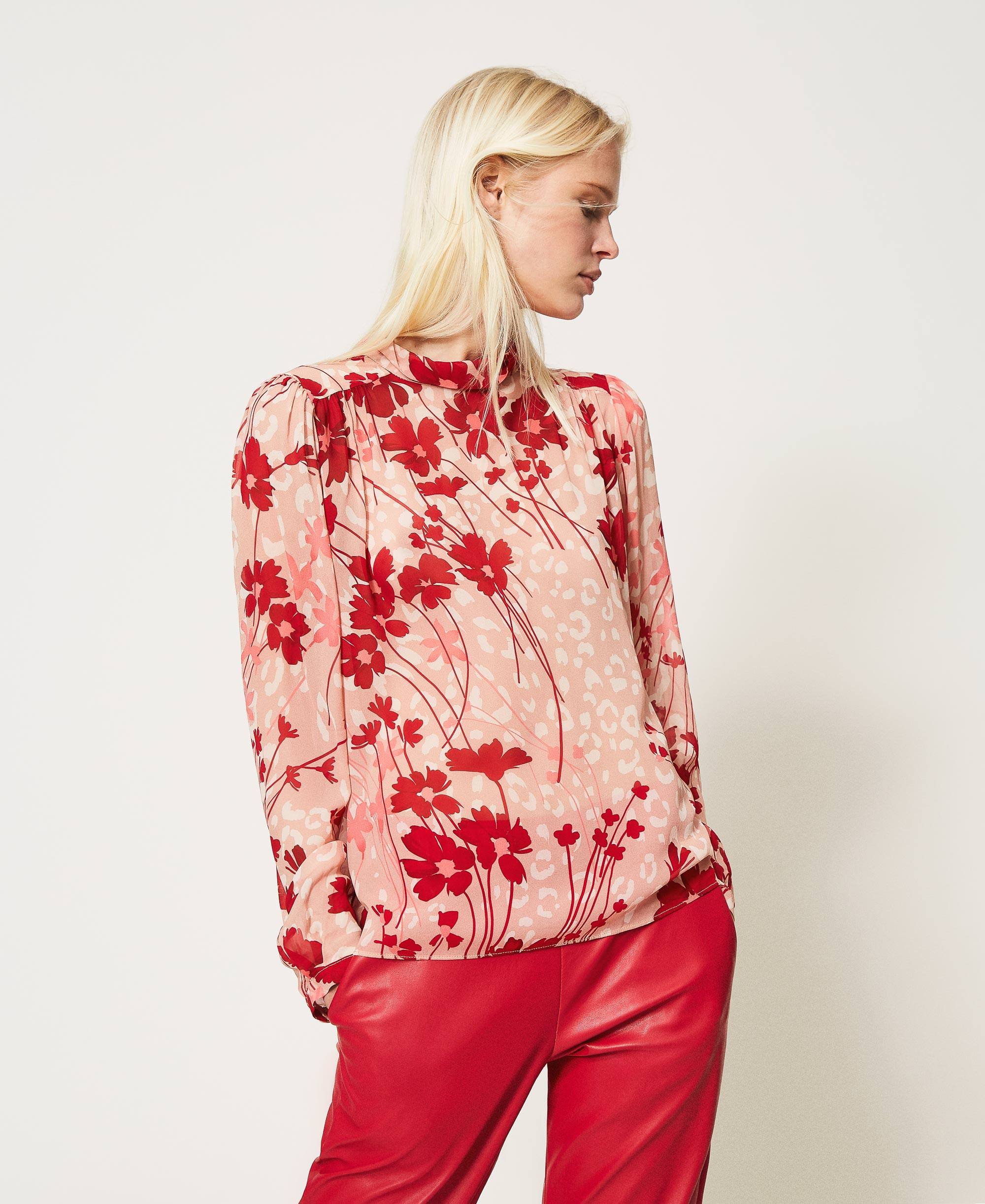 Bluse aus Georgette mit Blumendessin Frau, Rot | TWINSET Milano