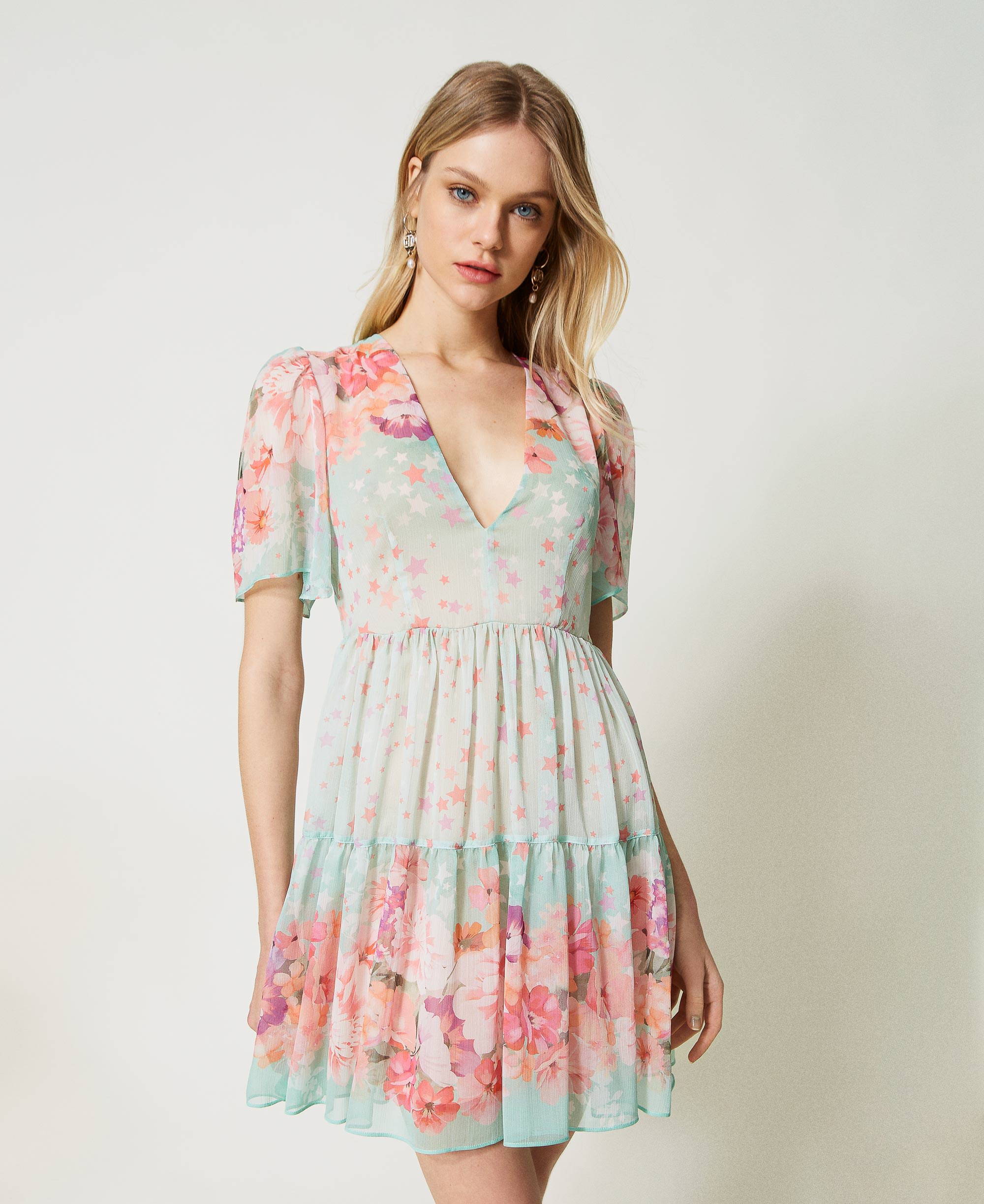 Robe courte en crépon Femme, Bleu | TWINSET Milano
