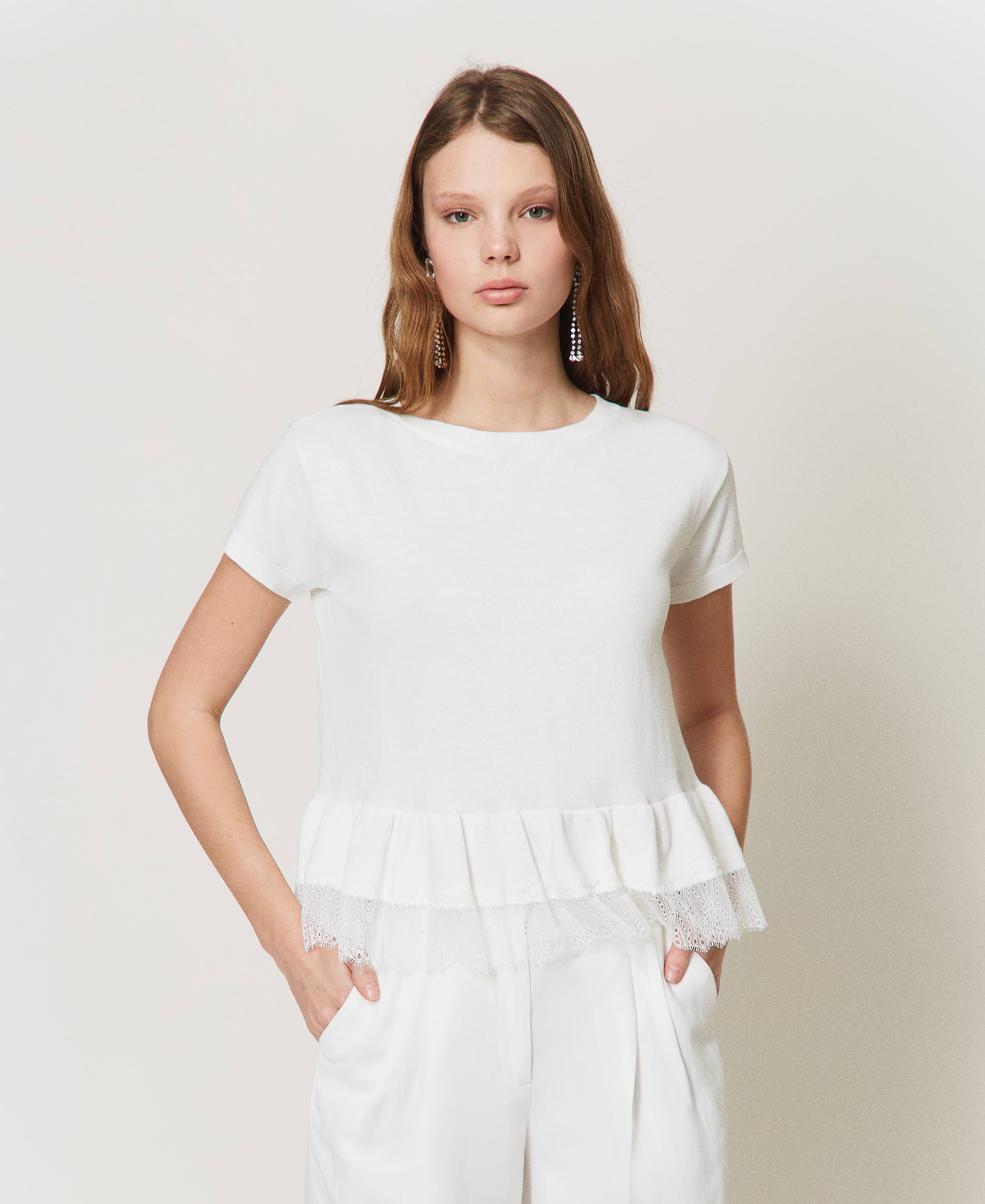 Jersey boxy con encaje Mujer, Negro | TWINSET Milano