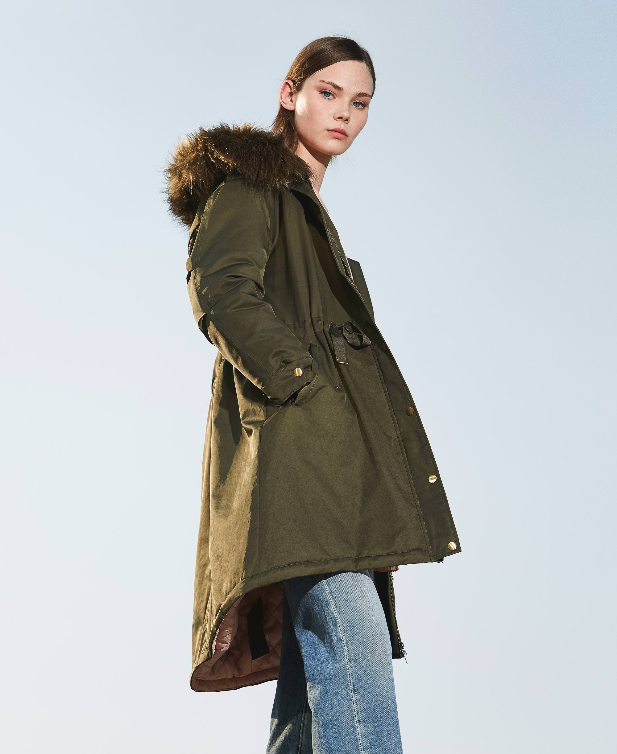 Hooded parka coat with faux fur Woman, Green | TWINSET Milano